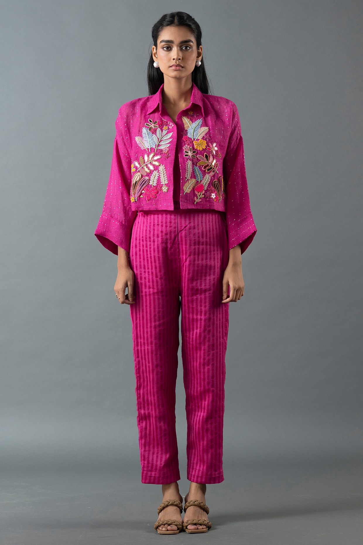 Magenta Shrim Linen Embroidered Jacket Set by OJA at Pernia's Pop Up ...