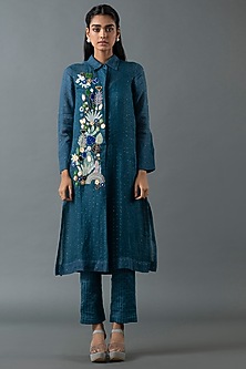 Midnight Blue Shrimp Linen Thread Embroidered Tunic Set by OJA at ...