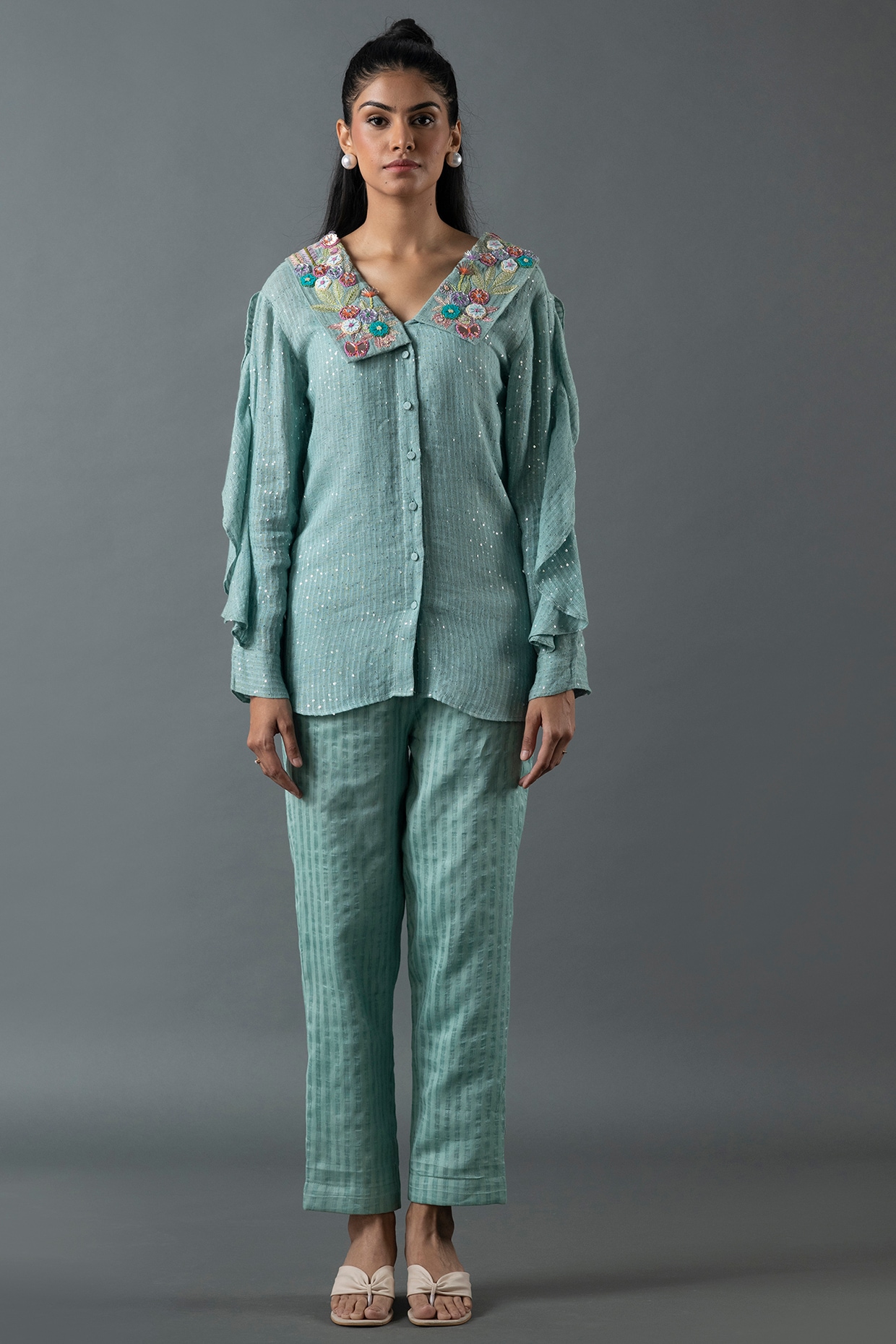 Aqua Blue Shrimp Linen Glass Embroidered Co-Ord Set by OJA at Pernia's ...