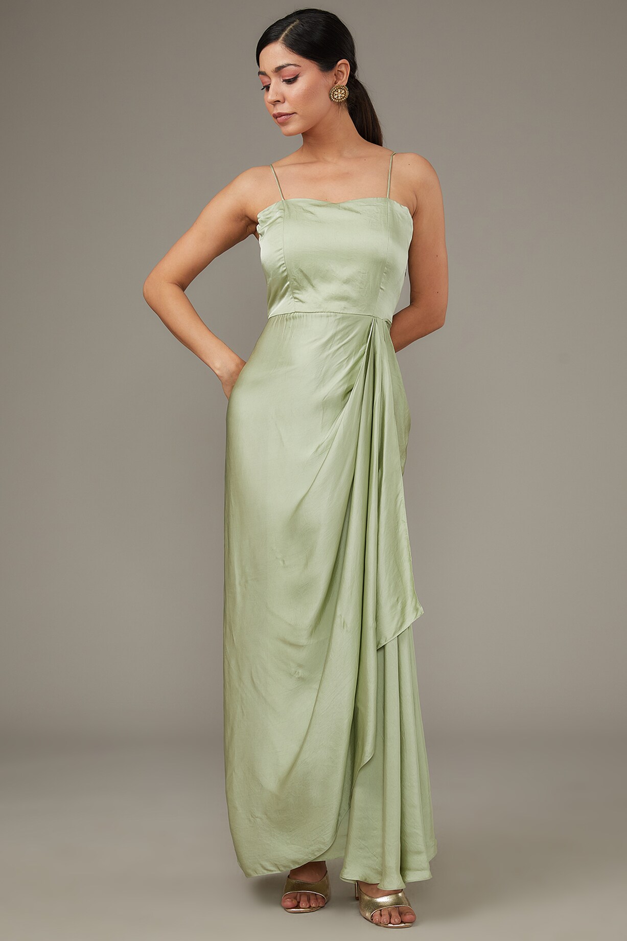 Green Satin Gown With Embroidered Cape by Ojasvini at Pernia's Pop Up ...