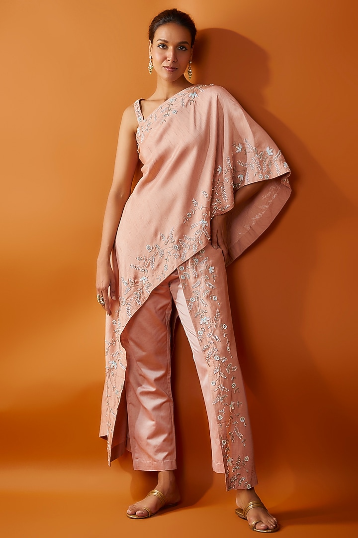 Pink Satin Lycra Hand Embroidered One-Shoulder Cape Set by Ojasvini at ...