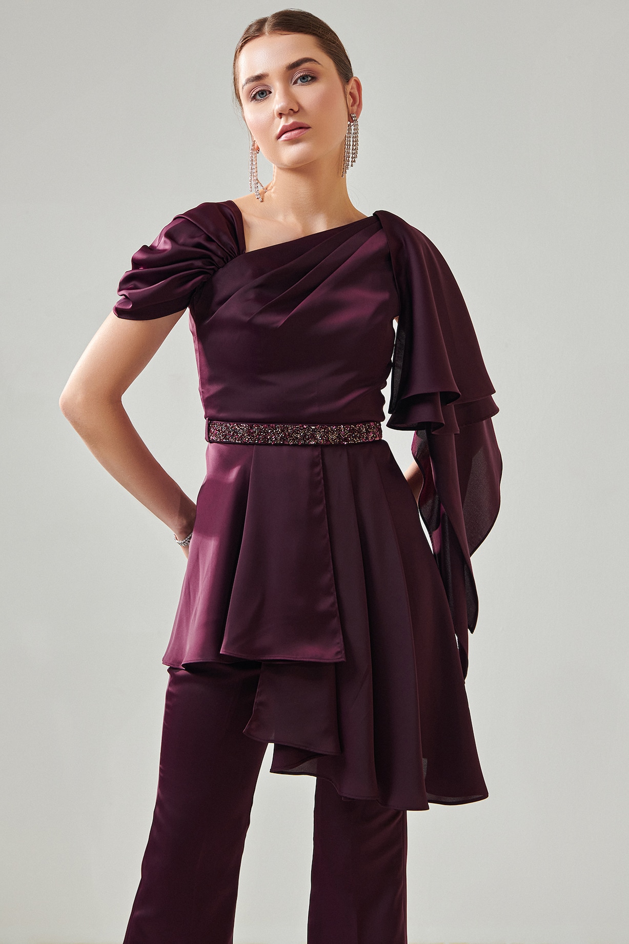Wine Matte Satin Co-Ord Set by One Knot One at Pernia's Pop Up Shop 2024