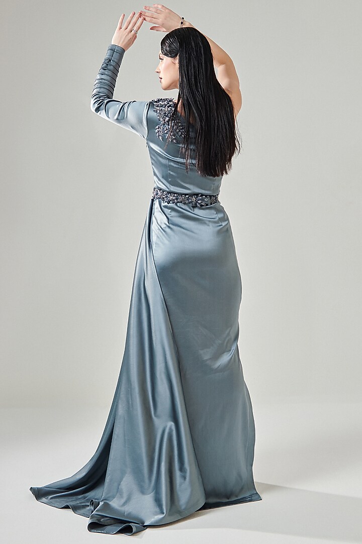 Ash Grey Heavy Satin Embellished Cowl Draped Gown Design by One Knot ...