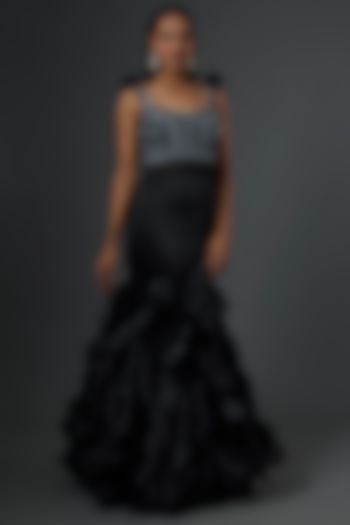Black Satin Fish Cut Ruffled Gown Design by One Knot One at Pernia's ...