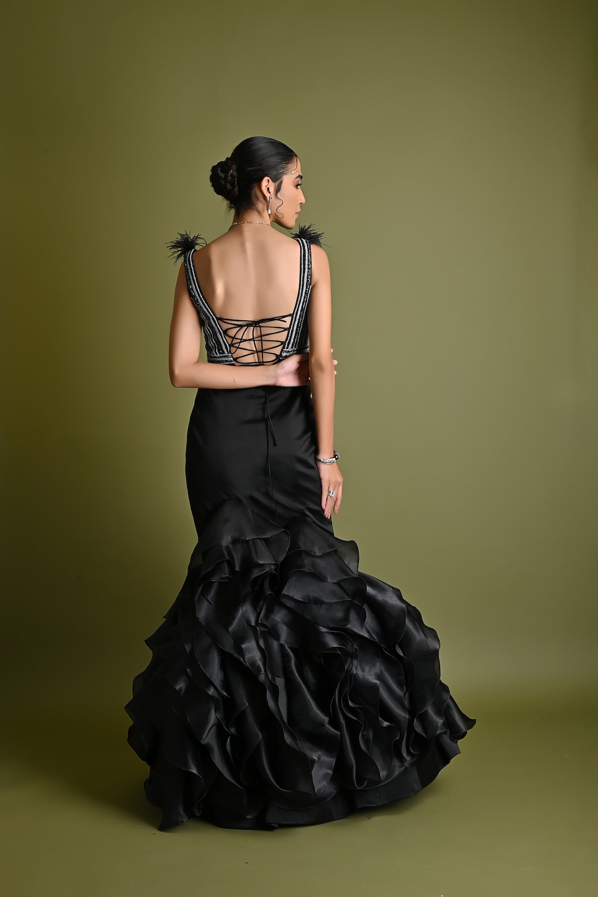 Black Satin Fish Cut Ruffled Gown by One Knot One at Pernia's Pop Up ...