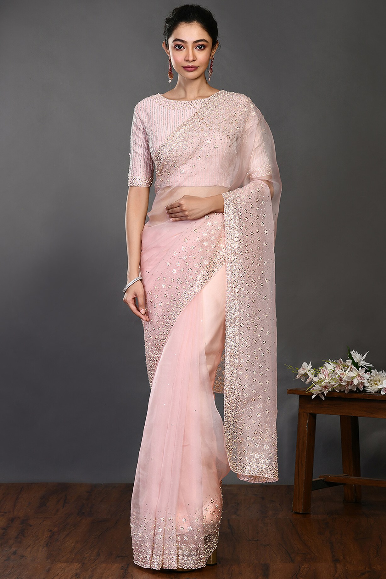 Baby Pink Embroidered Saree Set by Onaya at Pernia's Pop Up Shop 2024