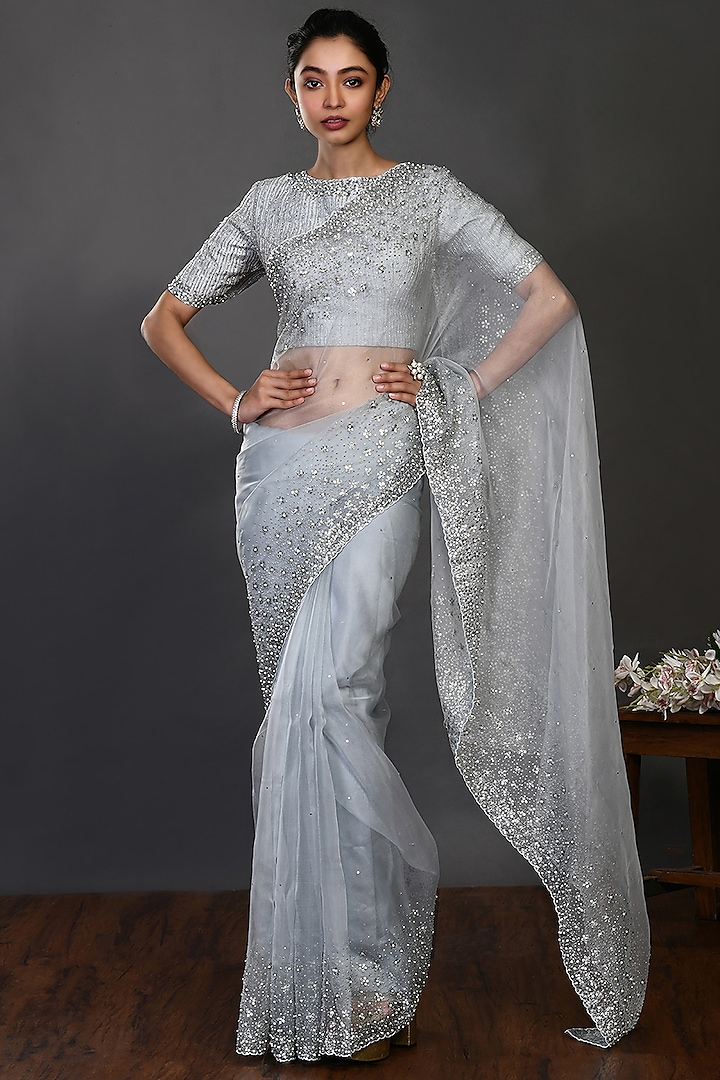 Ice Blue Embroidered Saree Set by Onaya at Pernia's Pop Up Shop 2024