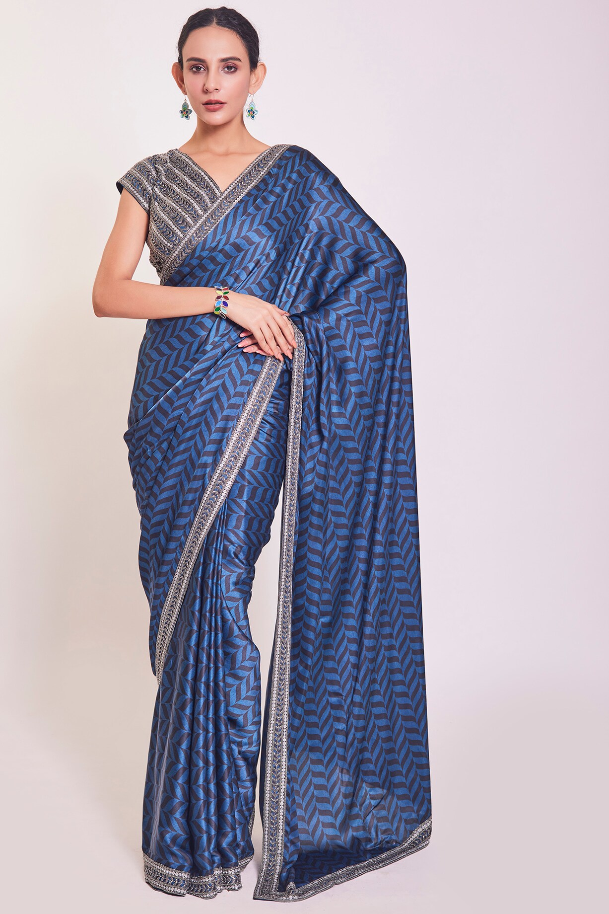Blue Satin Printed & Cutdana Work Saree Set by Onaya at Pernia's Pop Up ...