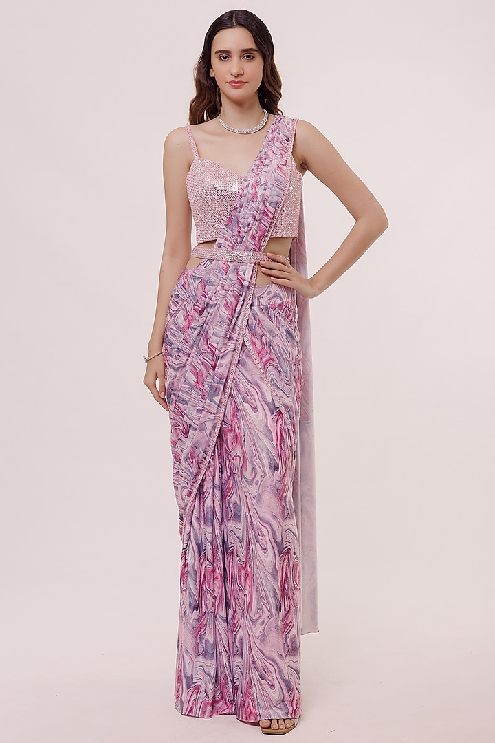 Pink Sumo Satin Embellished Pre- Stitched Saree Set Design by Onaya at ...