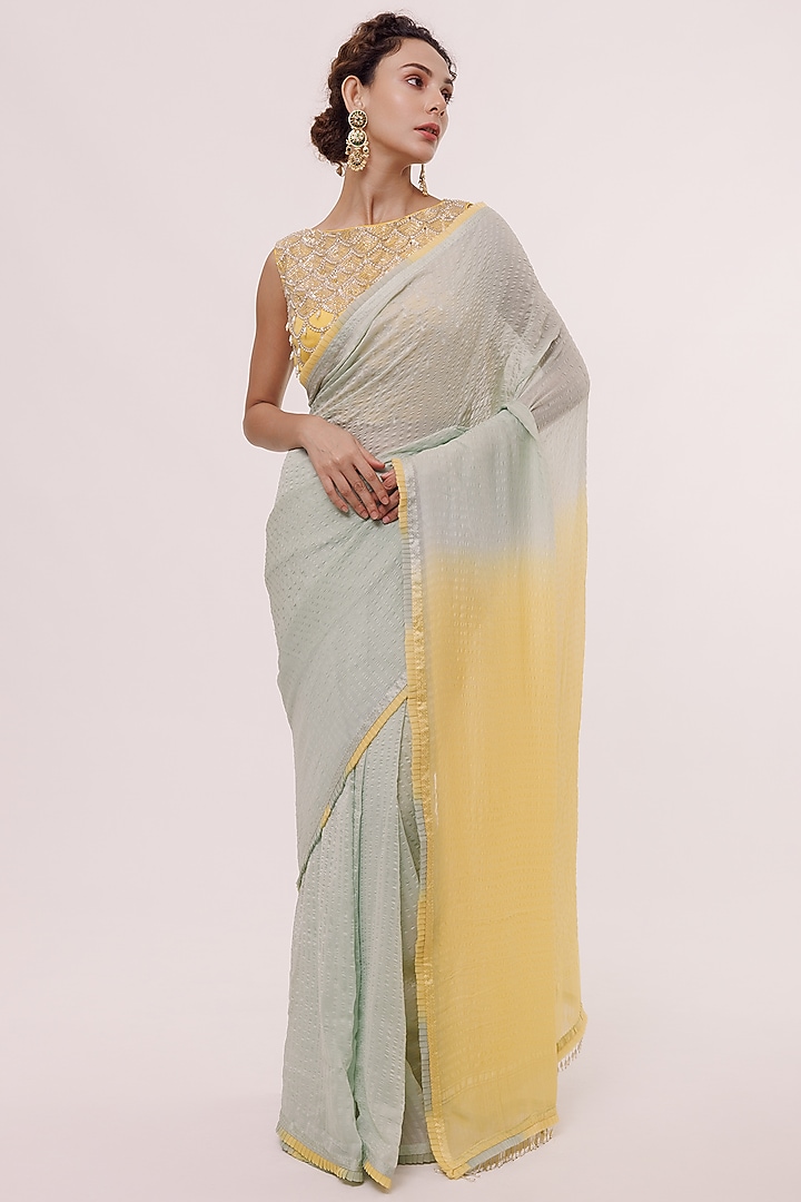 Gradient Aqua & Yellow Crush Saree Set by Onaya at Pernia's Pop Up Shop 2025