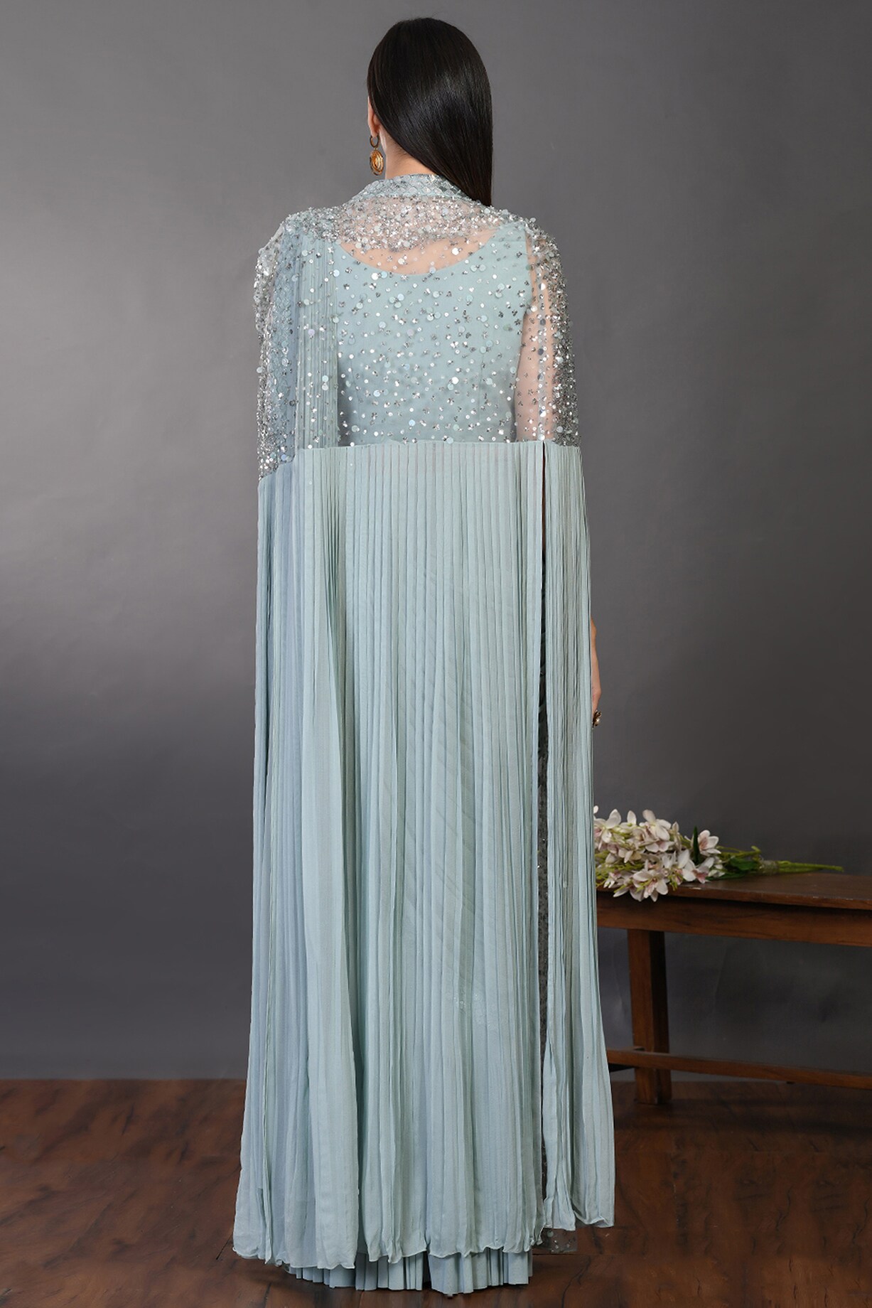 Aqua Georgette Embellished Pre-Stitched Party Wear Saree Set by Onaya ...