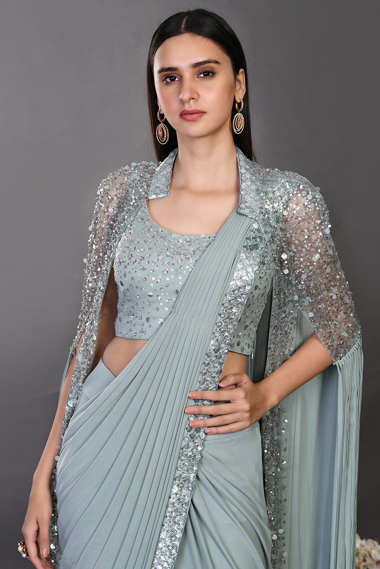 Aqua Georgette Embellished Pre-Stitched Party Wear Saree Set by Onaya ...