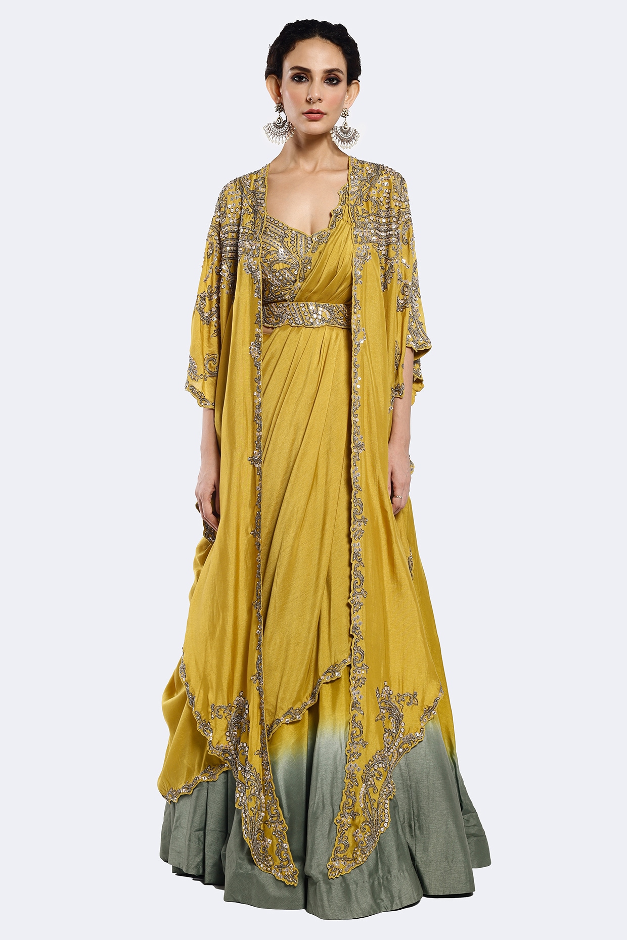 Yellow & Green Silk Sequins Embellished Kaftan Jacket Wedding Lehenga ...