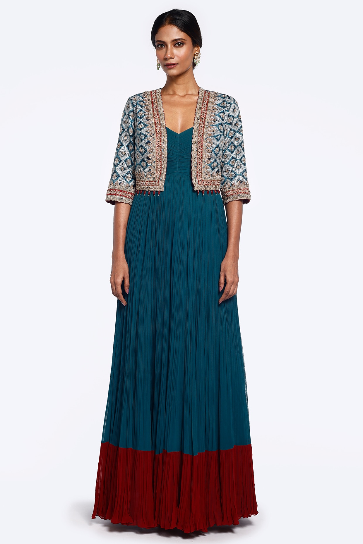 Teal Blue Georgette Color-Blocked Gown With Jacket by Onaya at Pernia's ...