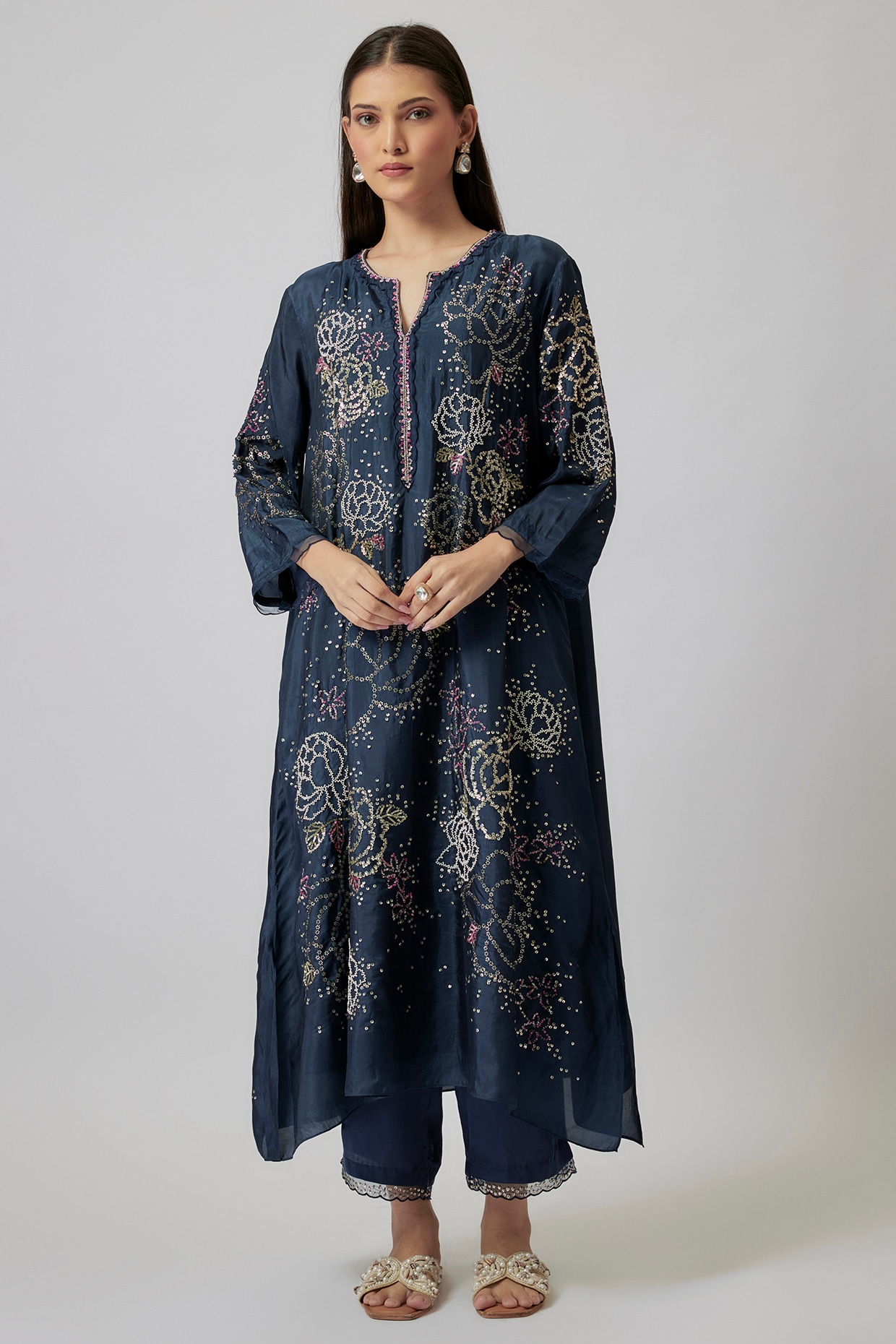 Navy Blue Viscose Silk & Silk Organza Hand Embroidered Kurta Set by One not two at Pernia's Pop ...