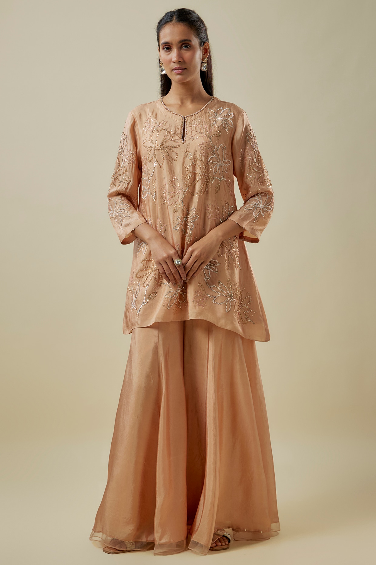 Golden Viscose Silk Hand Embroidered Kurta Set by One not two at Pernia's Pop Up Shop 2025