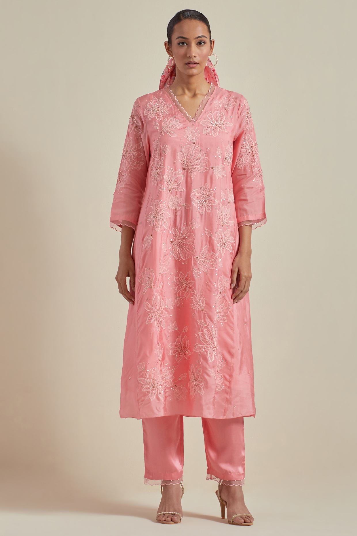 Peach Viscose Silk Floral Thread Embroidered Kurta Set by One not two at Pernia's Pop Up Shop 2025