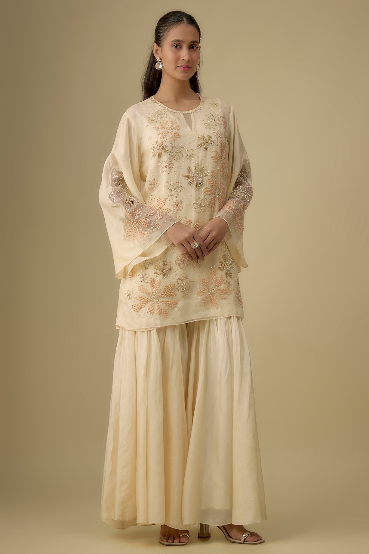 Ecru Viscose Silk Sequins & Floral Embroidered Kurta Set by One not two at Pernia's Pop Up Shop 2025