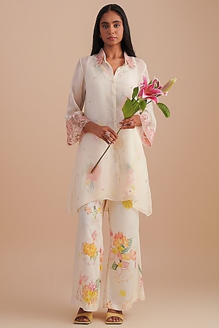 Ecru Silk & Organza Floral Hand Embroidered Co-Ord Set by One not two at Pernia's Pop Up Shop 2025