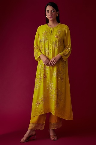 Citrine Yellow Viscose Silk Embroidered Kurta by One not two at Pernia ...