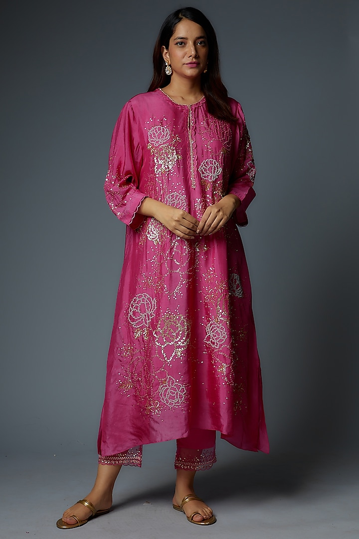 Hot Pink Viscose Silk Embroidered Kurta Design by One not two at Pernia's Pop Up Shop 2024