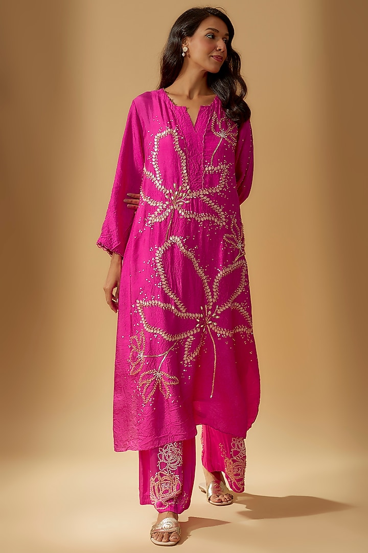 Hot Pink Viscose Silk Hand Embroidered Kurta by One not two at Pernia's Pop Up Shop 2025
