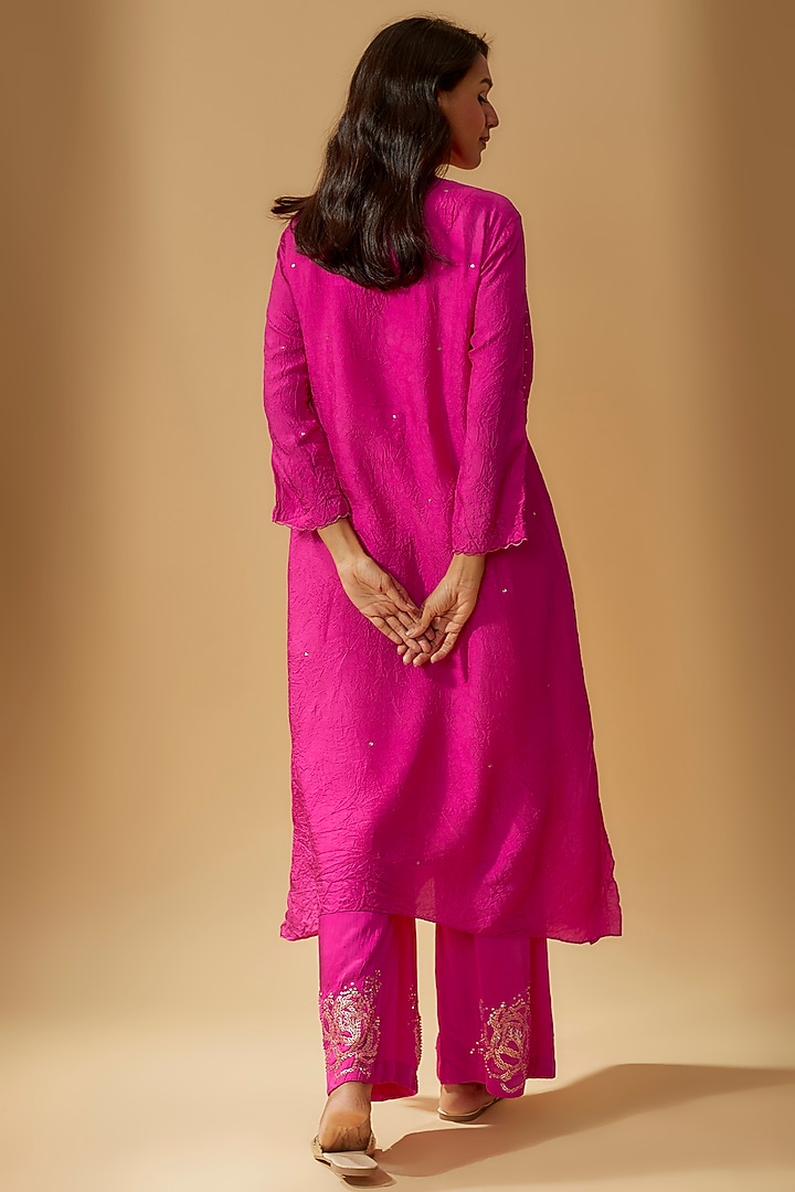 Hot Pink Viscose Silk Hand Embroidered Kurta by One not two at Pernia's Pop Up Shop 2025