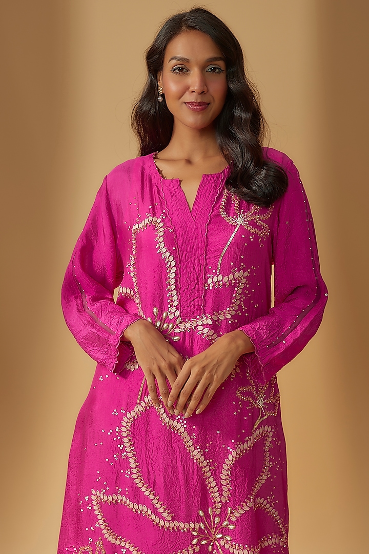 Hot Pink Viscose Silk Hand Embroidered Kurta by One not two at Pernia's Pop Up Shop 2025