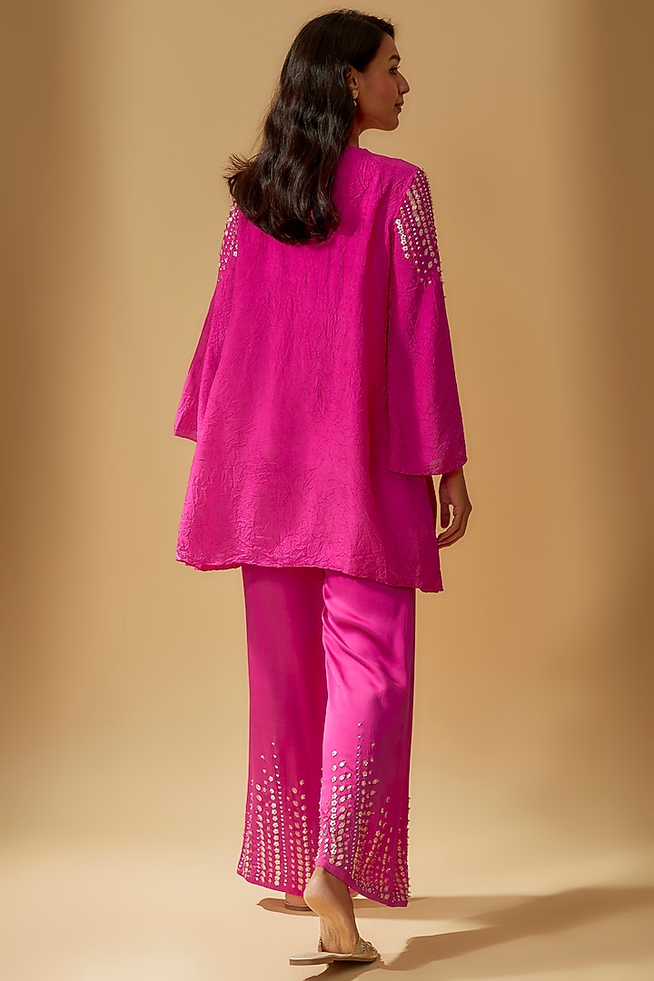 Hot Pink Viscose Silk Hand Embroidered Kurta Set Design by One not two at Pernia's Pop Up Shop 2024