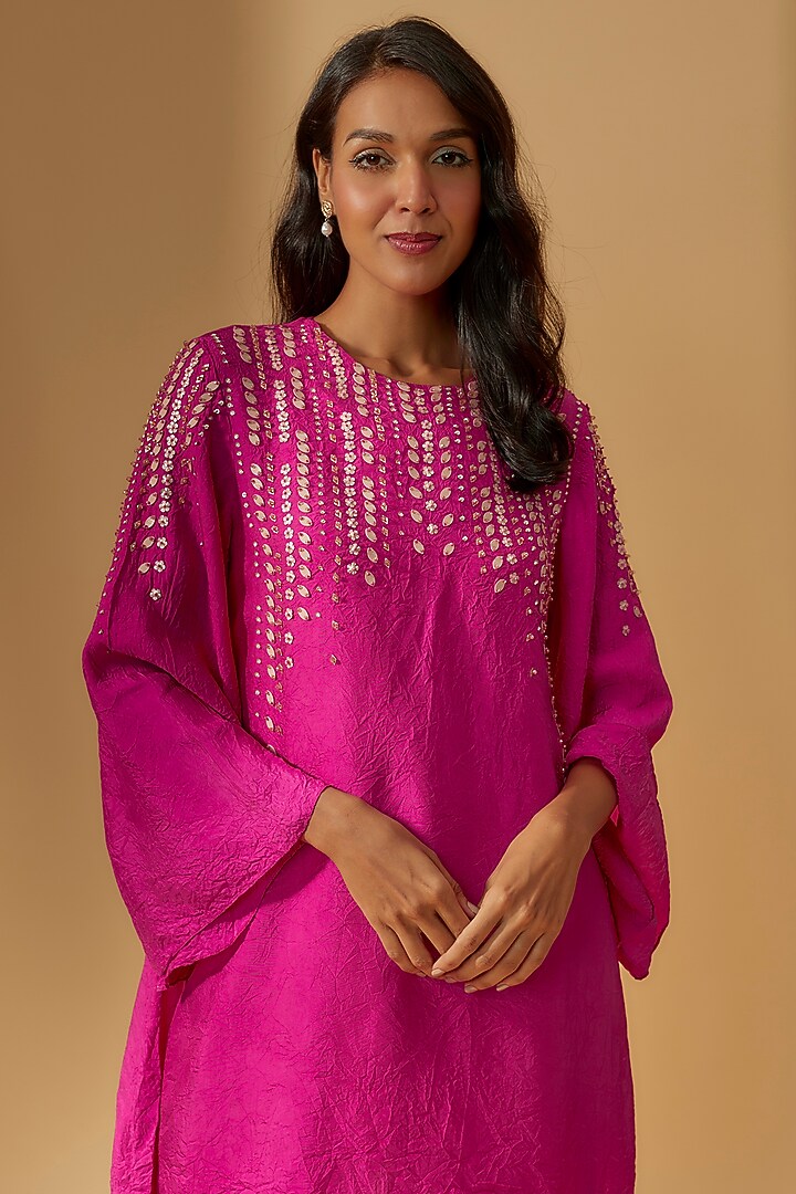 Hot Pink Viscose Silk Hand Embroidered Kurta Set Design by One not two at Pernia's Pop Up Shop 2024