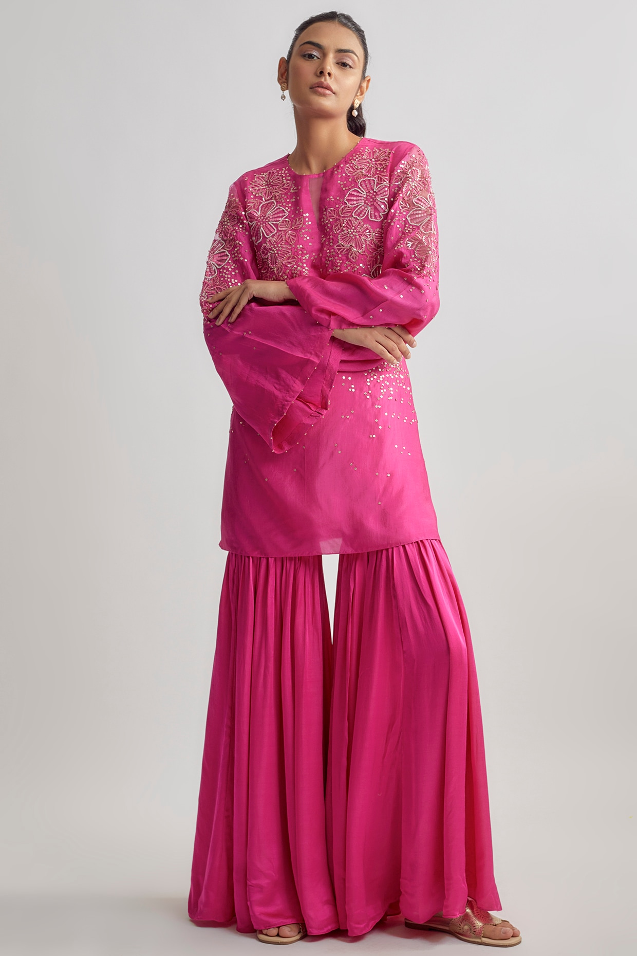 Hot Pink Viscose Silk Embroidered Kurta Set by One not two at Pernia's Pop Up Shop 2025