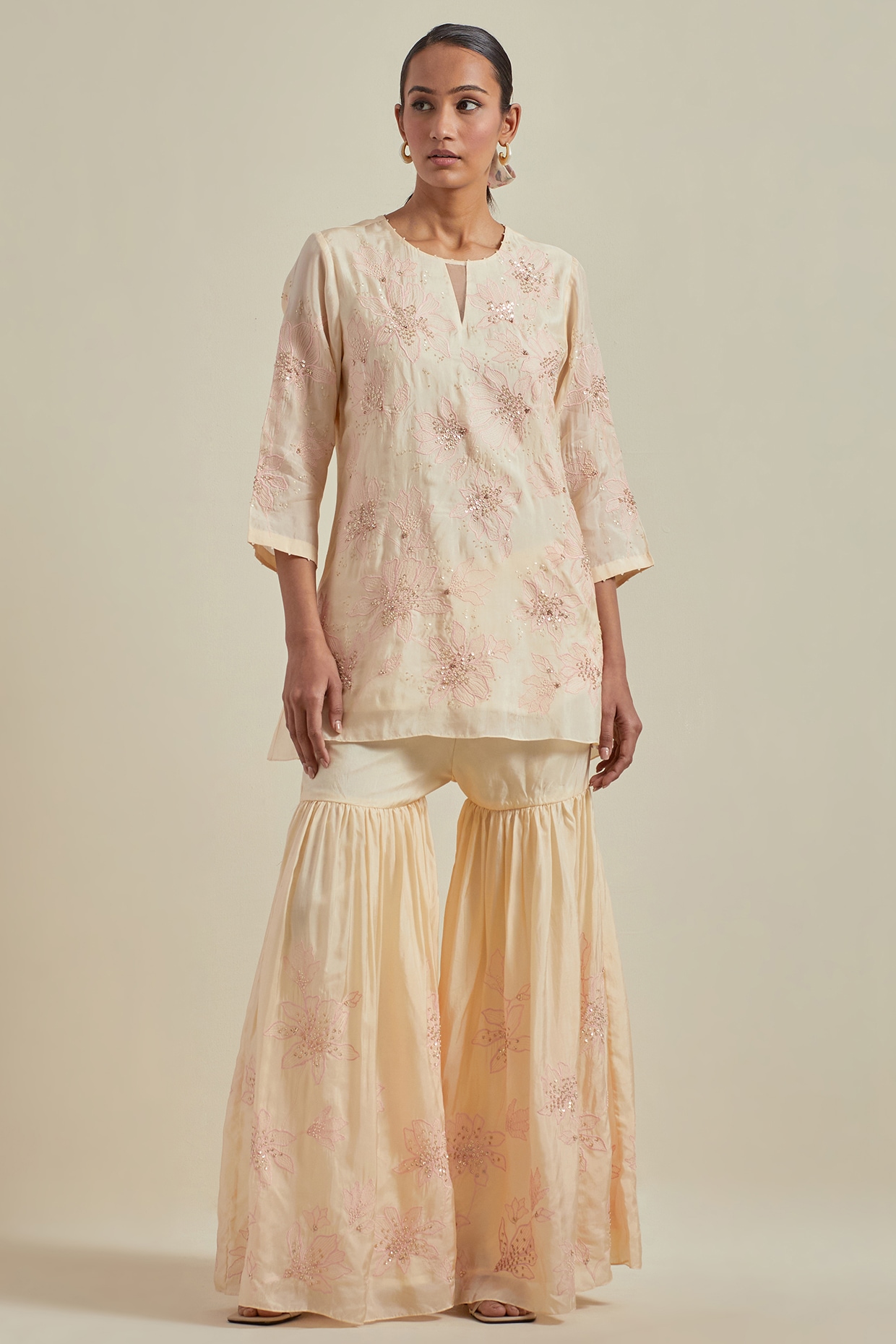 Ecru Viscose Silk Floral Thread Embroidered Sharara Set by One not two at Pernia's Pop Up Shop 2025