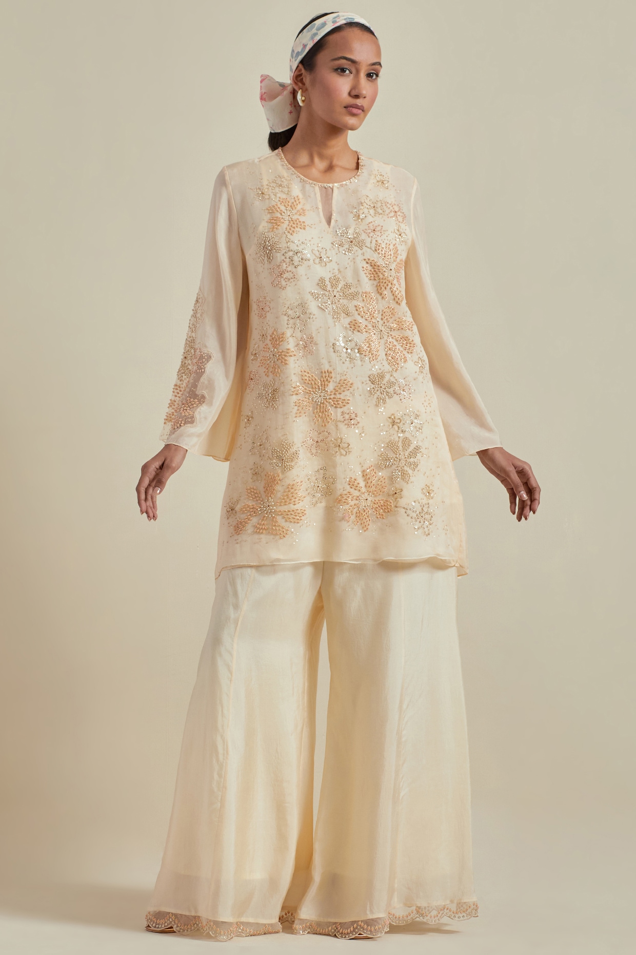 Ecru Viscose Silk Floral Hand Embroidered Gharara Set by One not two at Pernia's Pop Up Shop 2025