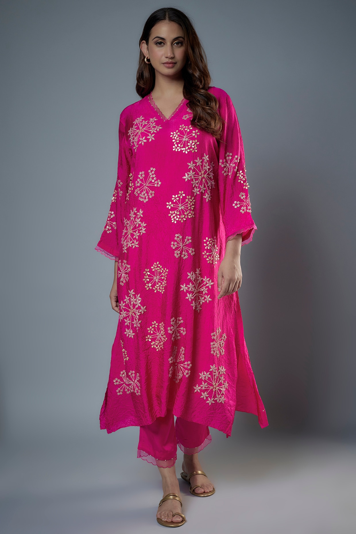 Hot Pink Viscose Silk Hand Embroidered Kurta Set by One not two at Pernia's Pop Up Shop 2025