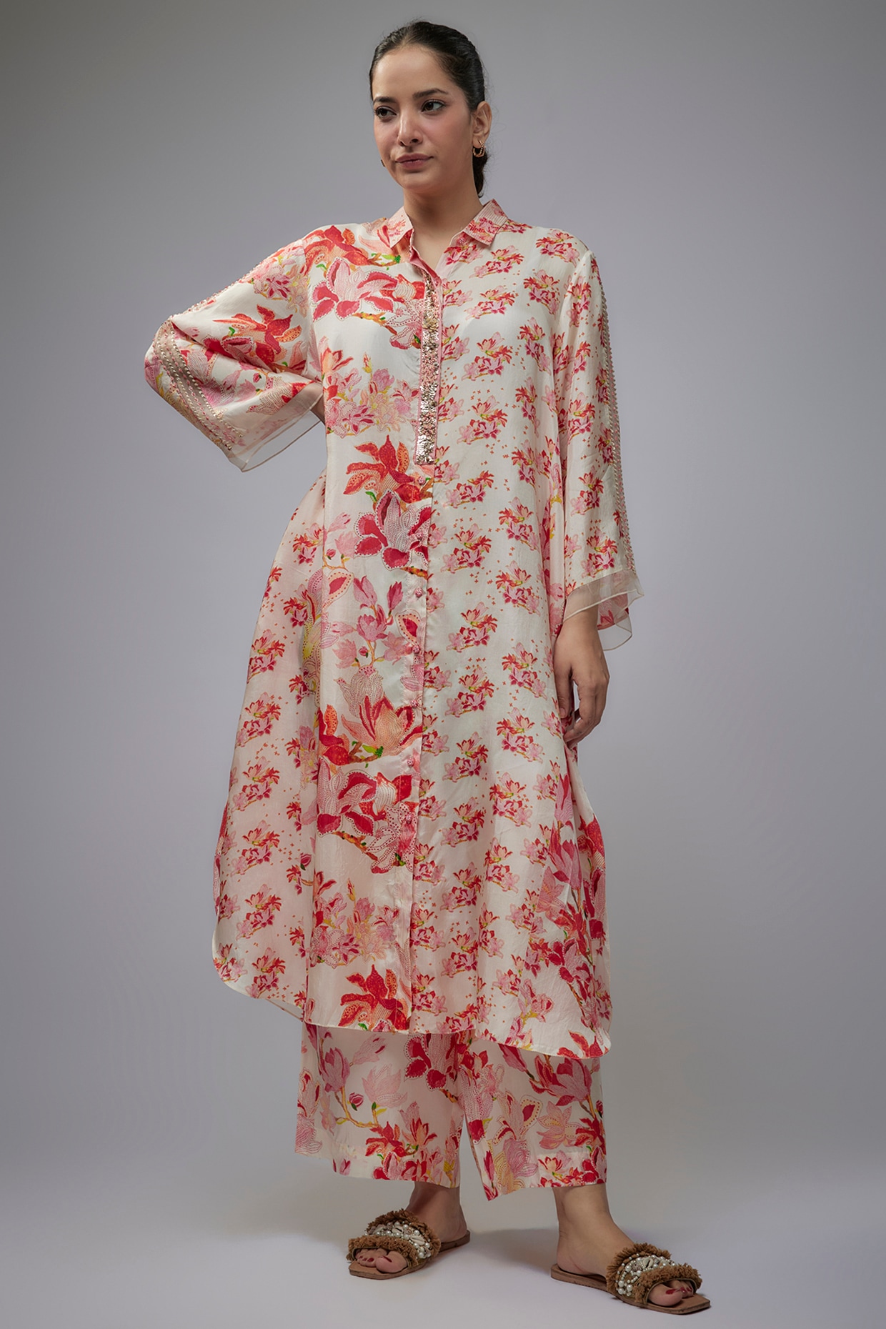 Ecru Viscose Silk Printed Co-Ord Set by One not two at Pernia's Pop Up Shop 2025