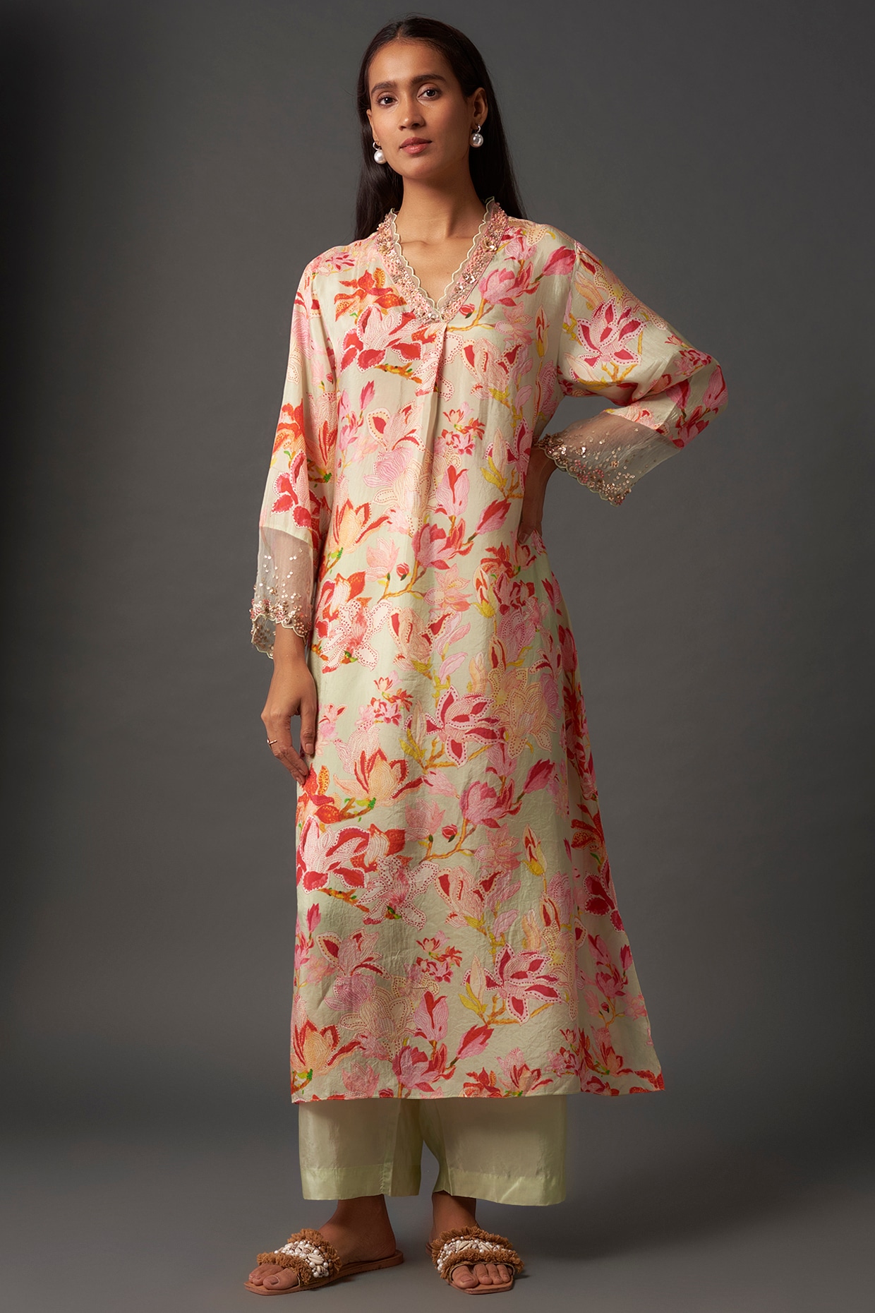 Ecru Viscose Silk Floral Printed & Embroidered Kurta Set by One not two at Pernia's Pop Up Shop 2025