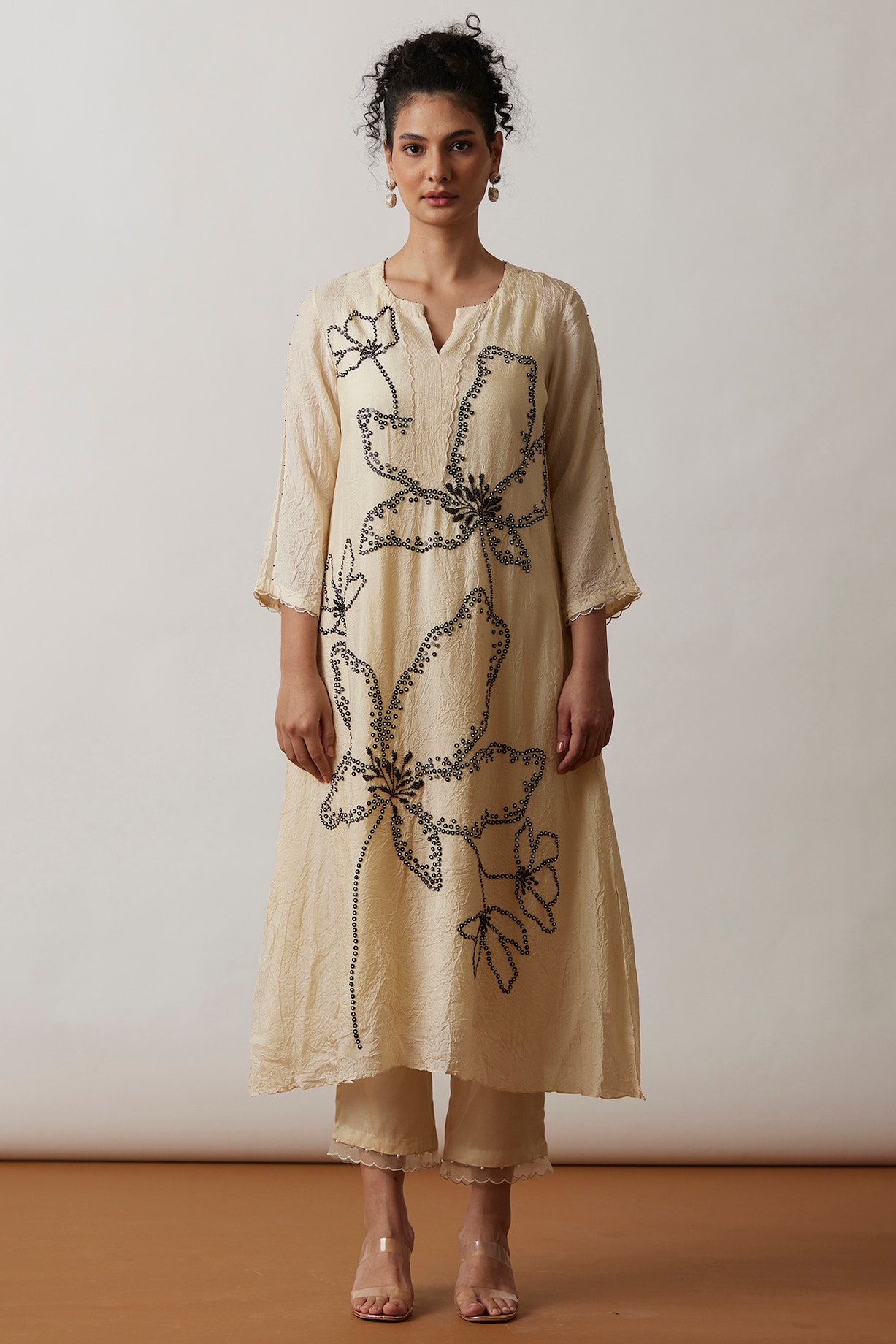 Ivory Viscose Silk Embroidered Kurta Set by One not two at Pernia's Pop Up Shop 2024