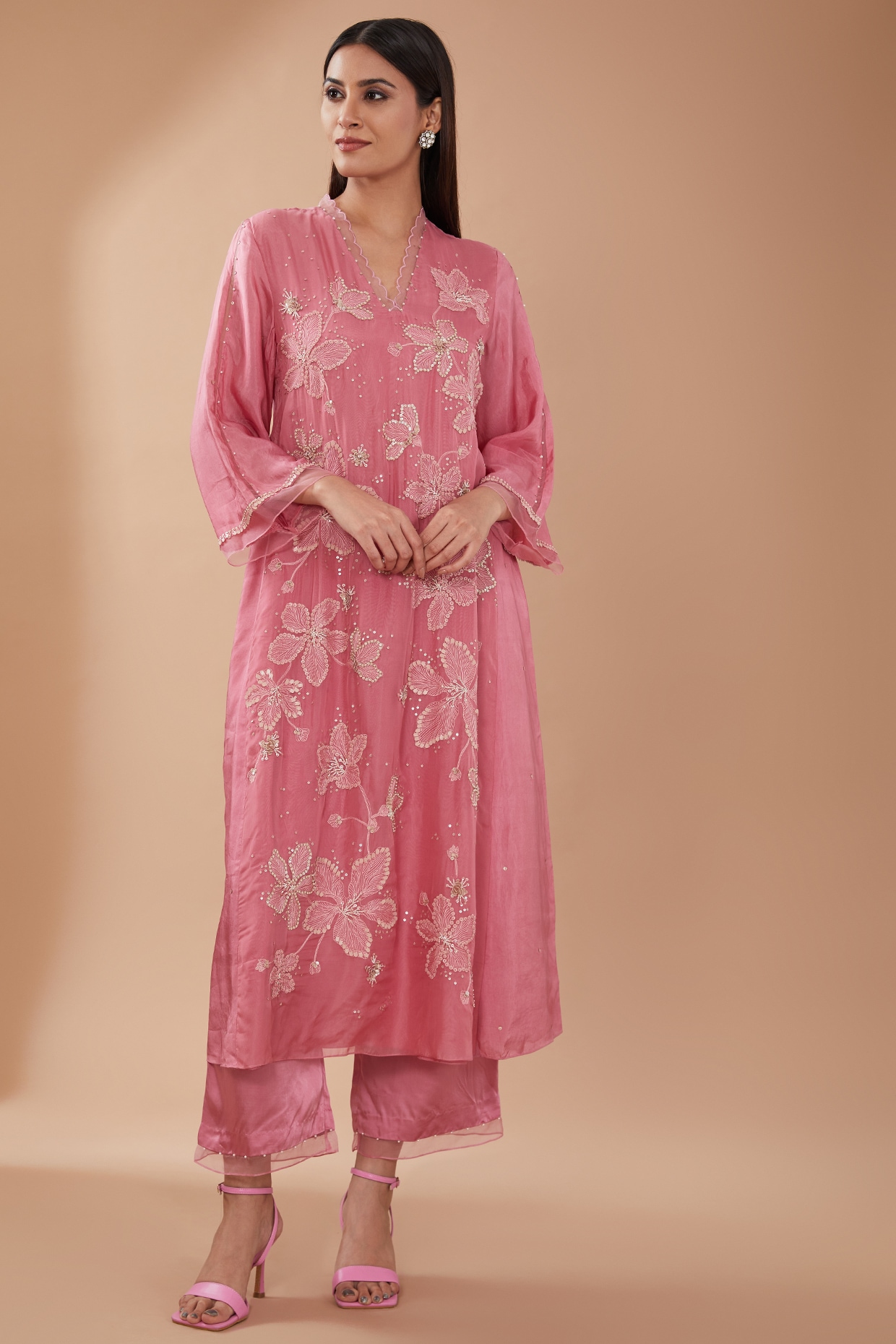 Rose Pink Viscose Silk Sequins Embroidered Kurta Set by One not two at Pernia's Pop Up Shop 2025