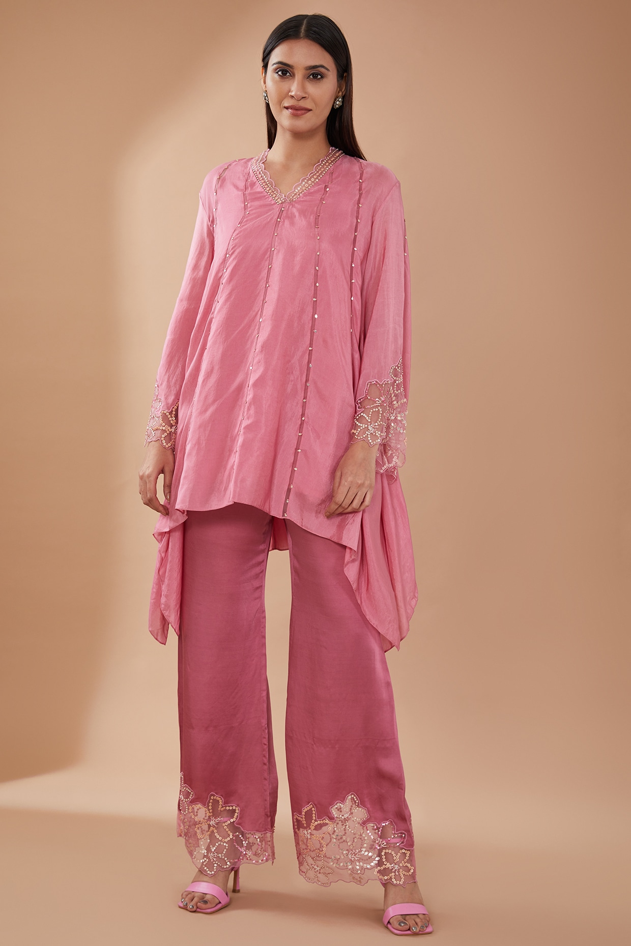 Rose Pink Viscose Silk Sequins Embroidered Kurta Set by One not two at Pernia's Pop Up Shop 2025