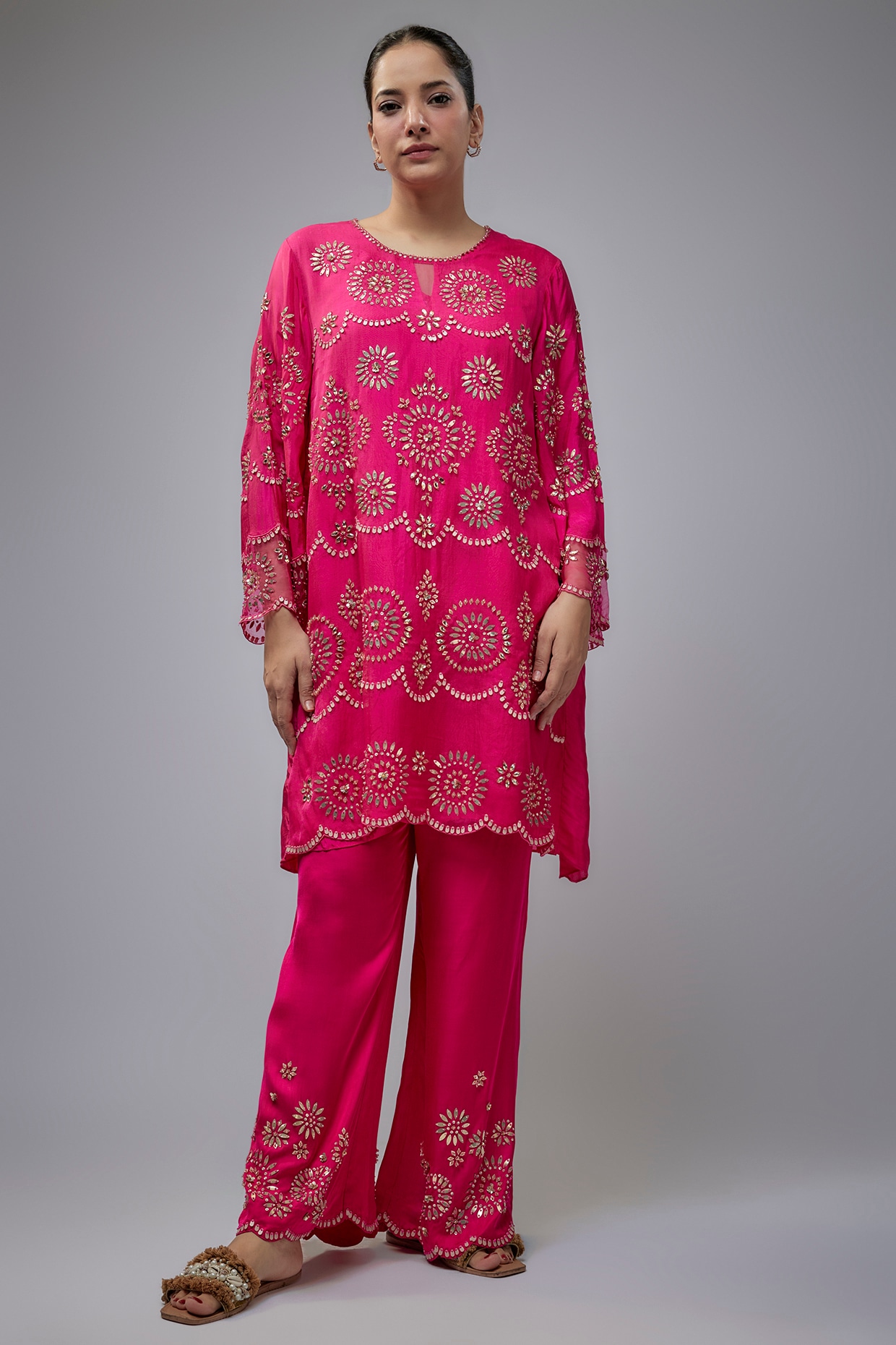 Hot Pink Viscose Silk Hand Embroidered Co-Ord Set by One not two at Pernia's Pop Up Shop 2025