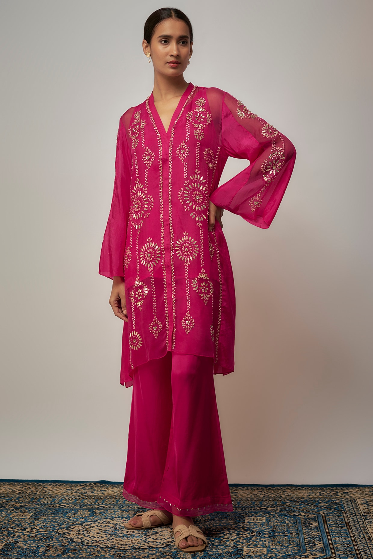 Hot Pink Viscose Silk Hand Embroidered Kurta Set by One not two at Pernia's Pop Up Shop 2025