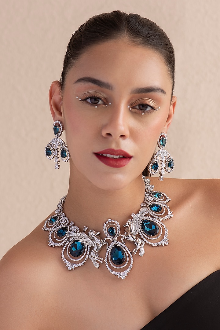 White Finish Blue Swarovski Necklace In Sterling Silver by Opalina at Pernia s Pop Up Shop 2025