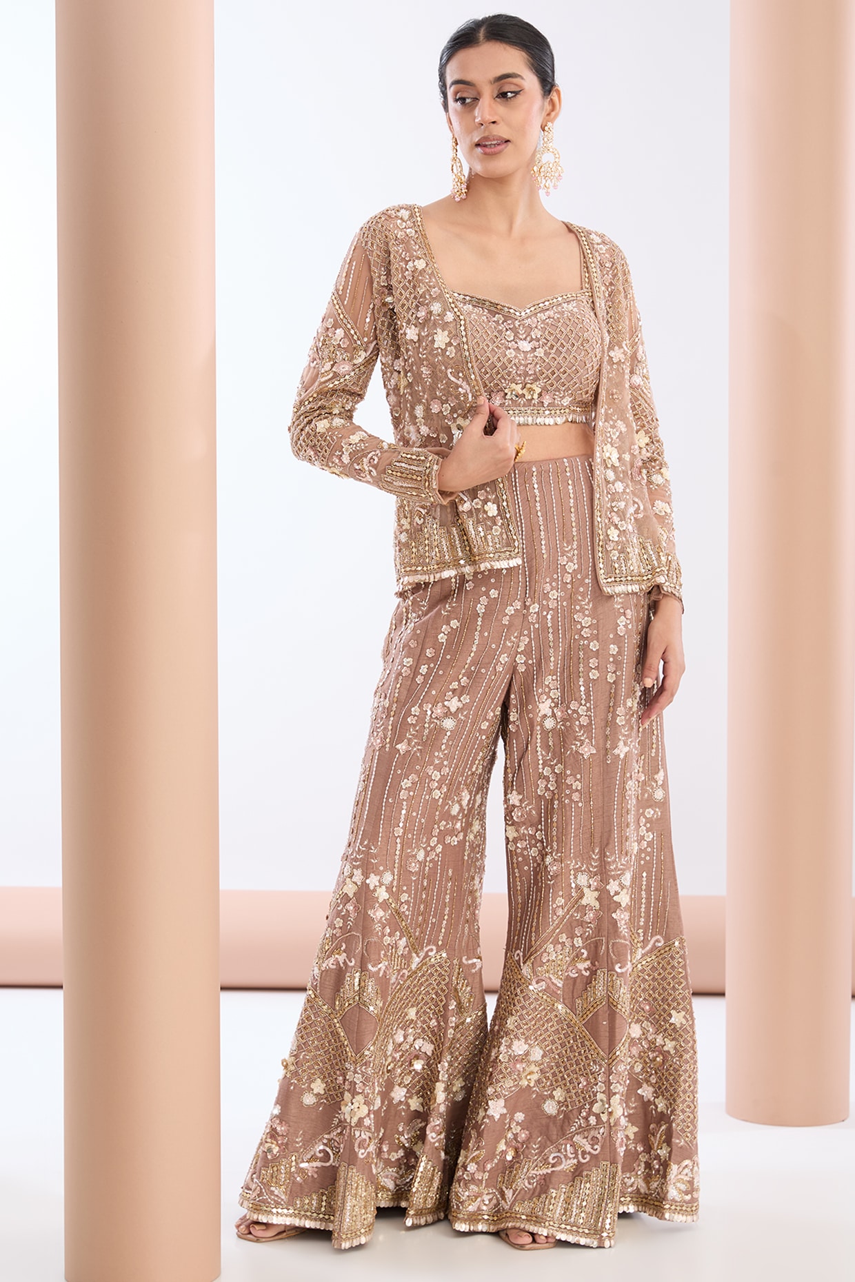 Dusty Mauve Tulle Net & Raw Silk Hand Embroidered Jacket Set by OPUS ...