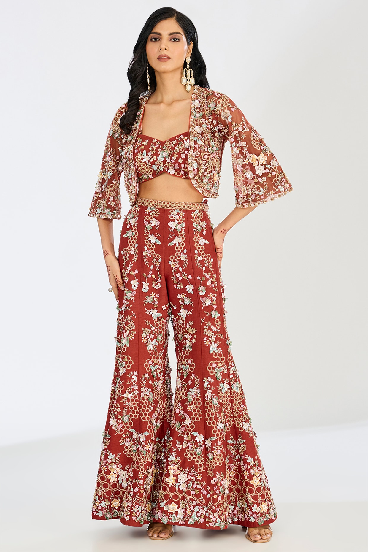Burnt Orange Tulle Net Embroidered Sharara Set by OPUS ATELIER at ...
