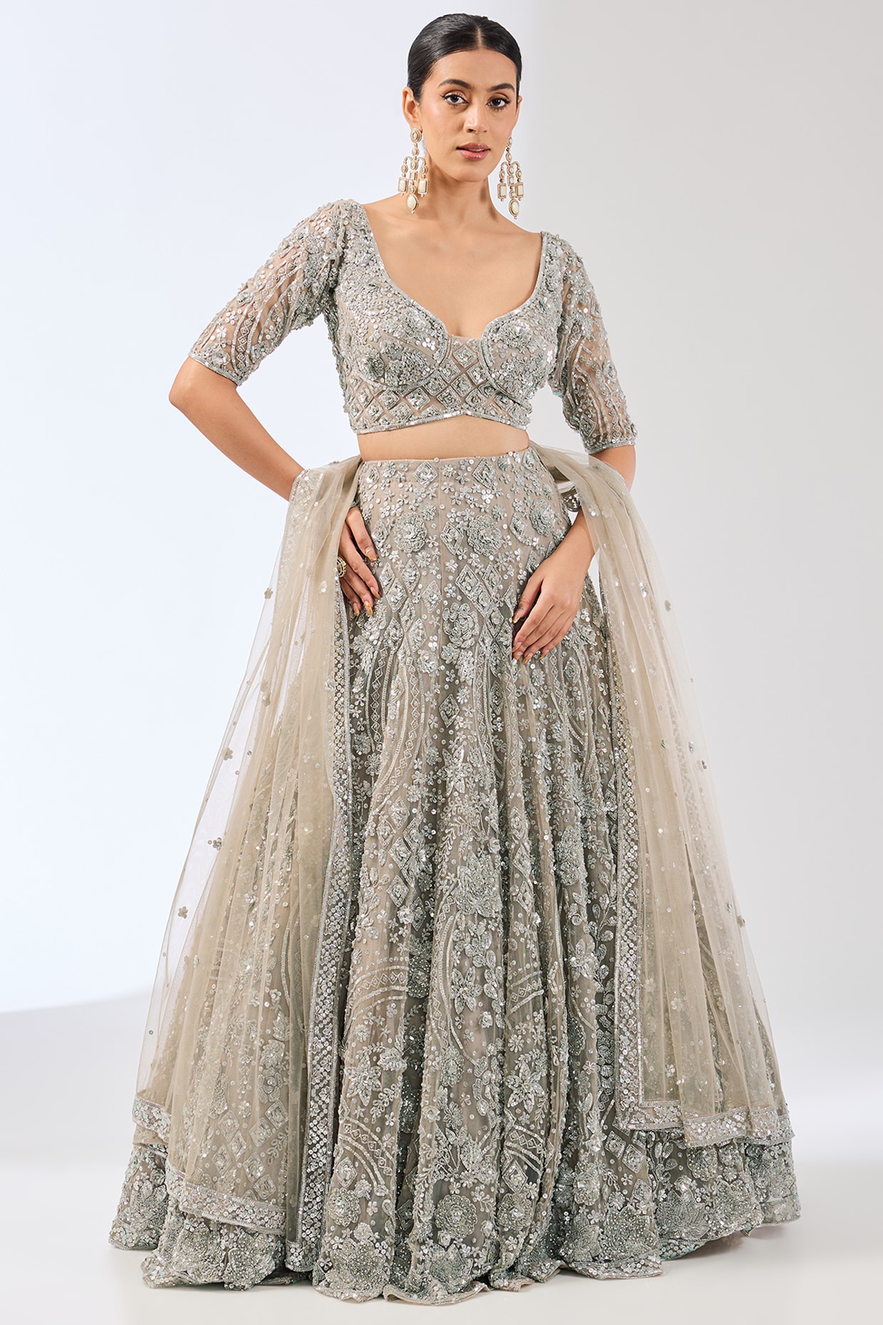 Grey Net Sequins & Glass Beads Hand Embroidered Bridal Lehenga Set by ...