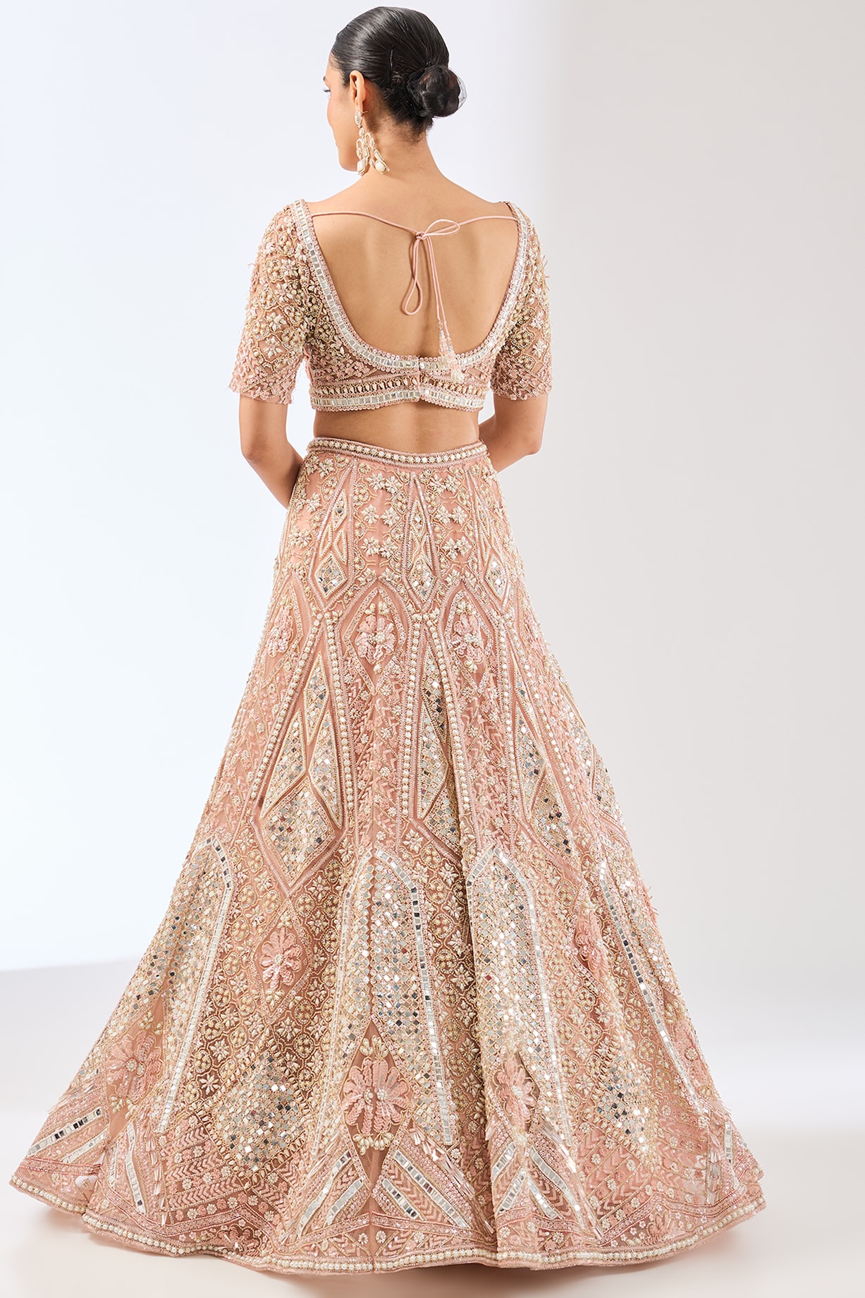 Soft Pink Net Sequins & Glass Beads Hand Embroidered Bridal Lehenga Set ...