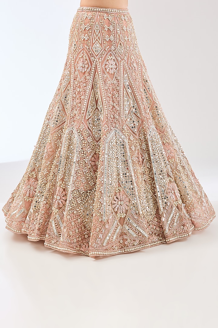 Soft Pink Net Sequins & Glass Beads Hand Embroidered Bridal Lehenga Set ...
