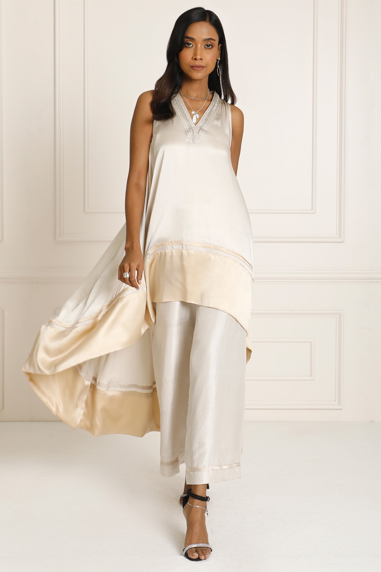Silver & Gold Silk Satin Hand Embroidered High-Low Tunic by Originate ...