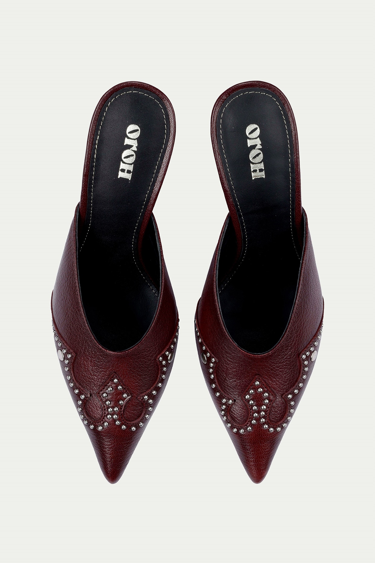 Maroon Genuine Leather Stiletto Mules by Oroh at Pernia's Pop Up Shop 2024