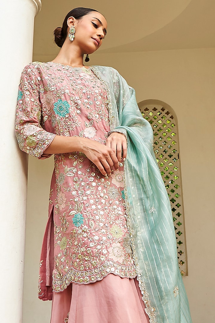 Soft Berry Mulberry Silk Zardosi & Applique Embroidered Sharara Set by ...